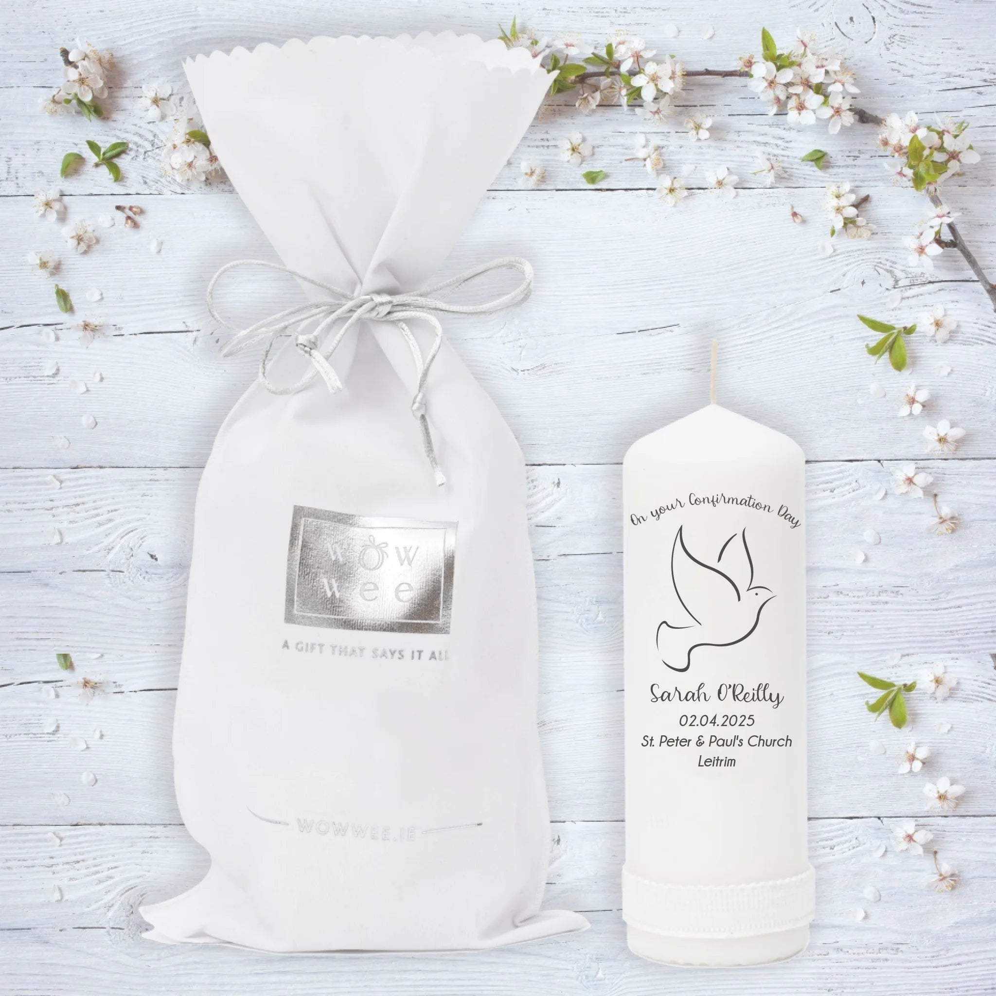 Personalised Confirmation Pillar Candle - Pink, Blue and Black Dove ...